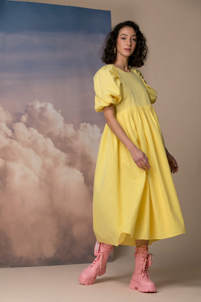 Yellow Puff Sleeve Dress - ALLSEAMS