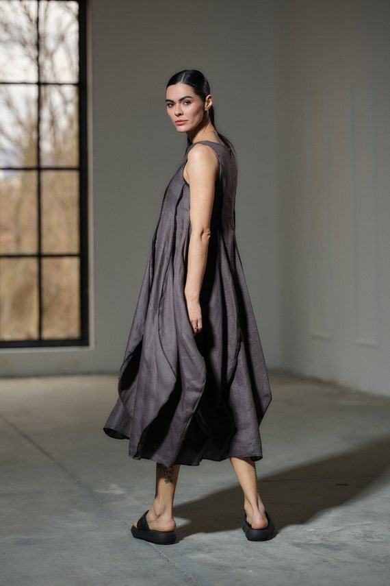 Avant-Garde Asymmetrical Linen Balloon Dress in Dark Grey