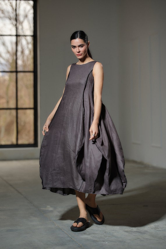 Avant-Garde Asymmetrical Linen Balloon Dress in Dark Grey